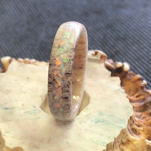 Whitetail Antler Ring With Crushed Pearl White Opal Inlay - Etsy