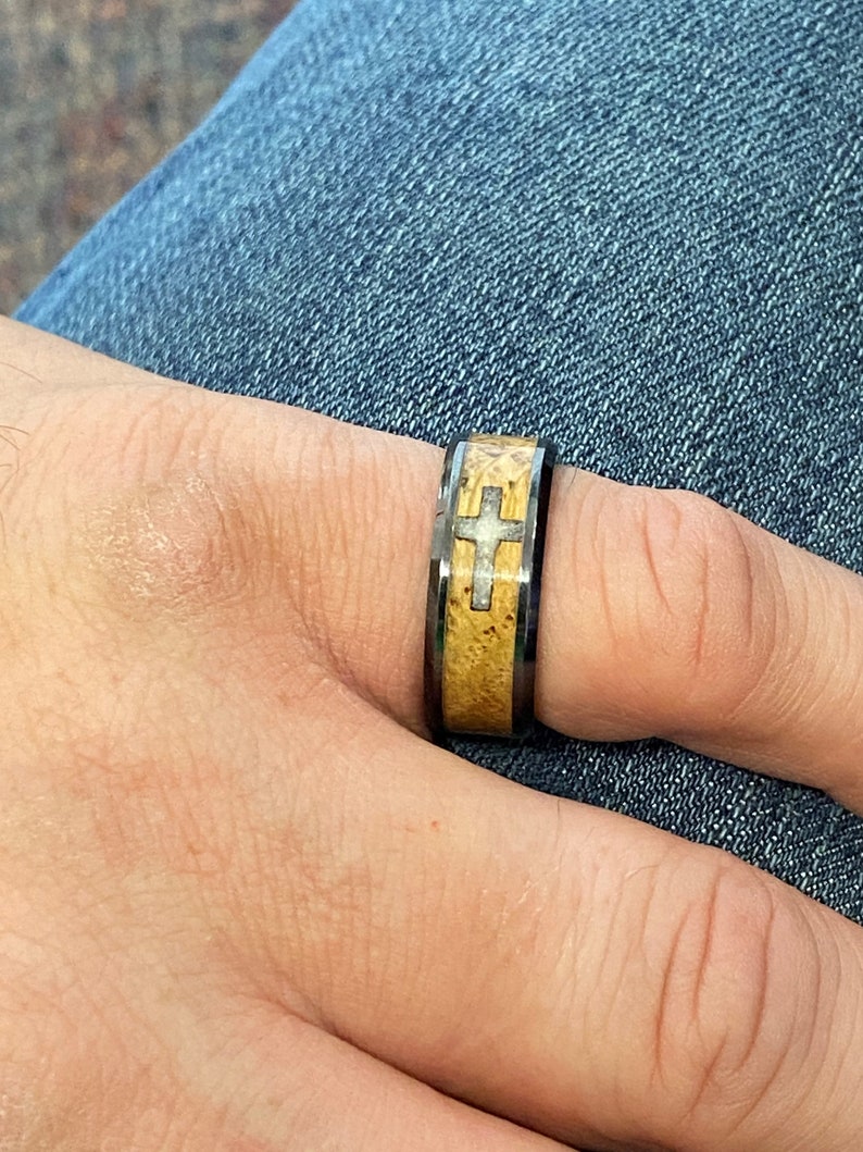 Black Ceramic Ring With Bourbon Barrel and Cross Inlay - Ring, Mens ...