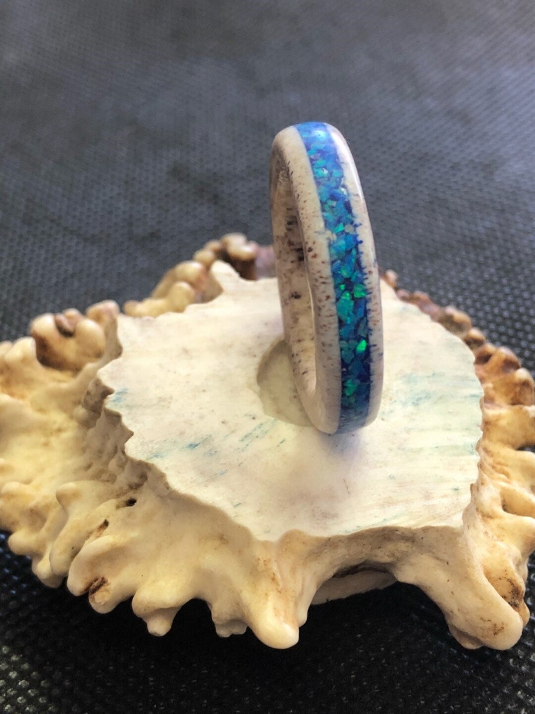Whitetail Antler Ring With Pacific Sapphire Opal Inlay - Ring, Mens ...