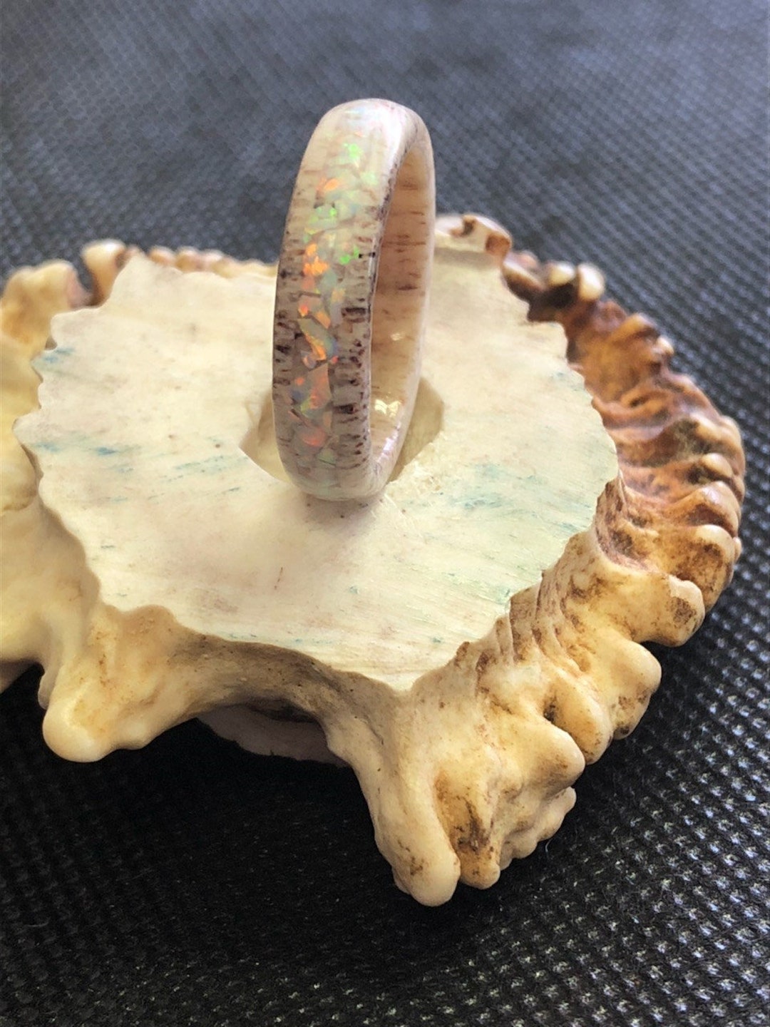 Whitetail Antler Ring With Crushed Pearl White Opal Inlay - Ring, Mens ...