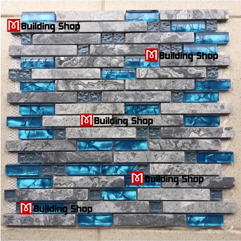 Gray Marble Blue Glass Mosaic Tile Bathroom Shower Wall Stone | Etsy