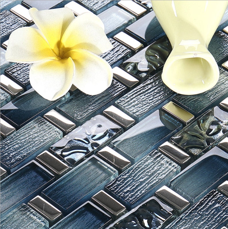 Brick Blue Silver Glass Mosaic Kitchen Bathroom Glass Wall Tiles ...