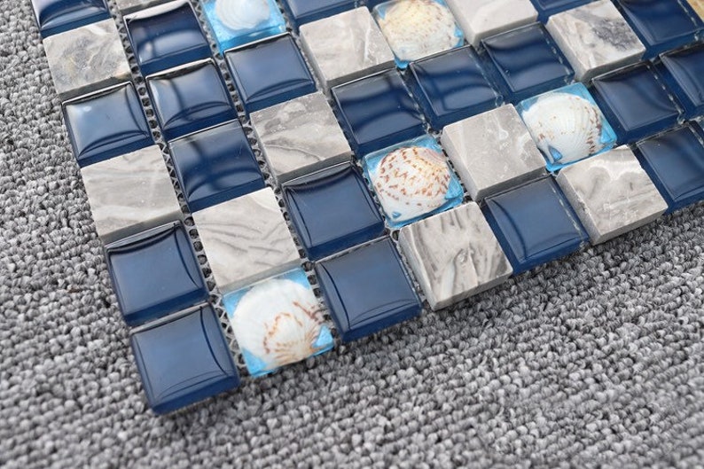 Navy Blue Glass Mosaic Kitchen Backsplash Tile JMFGT097 Gray Stone ...