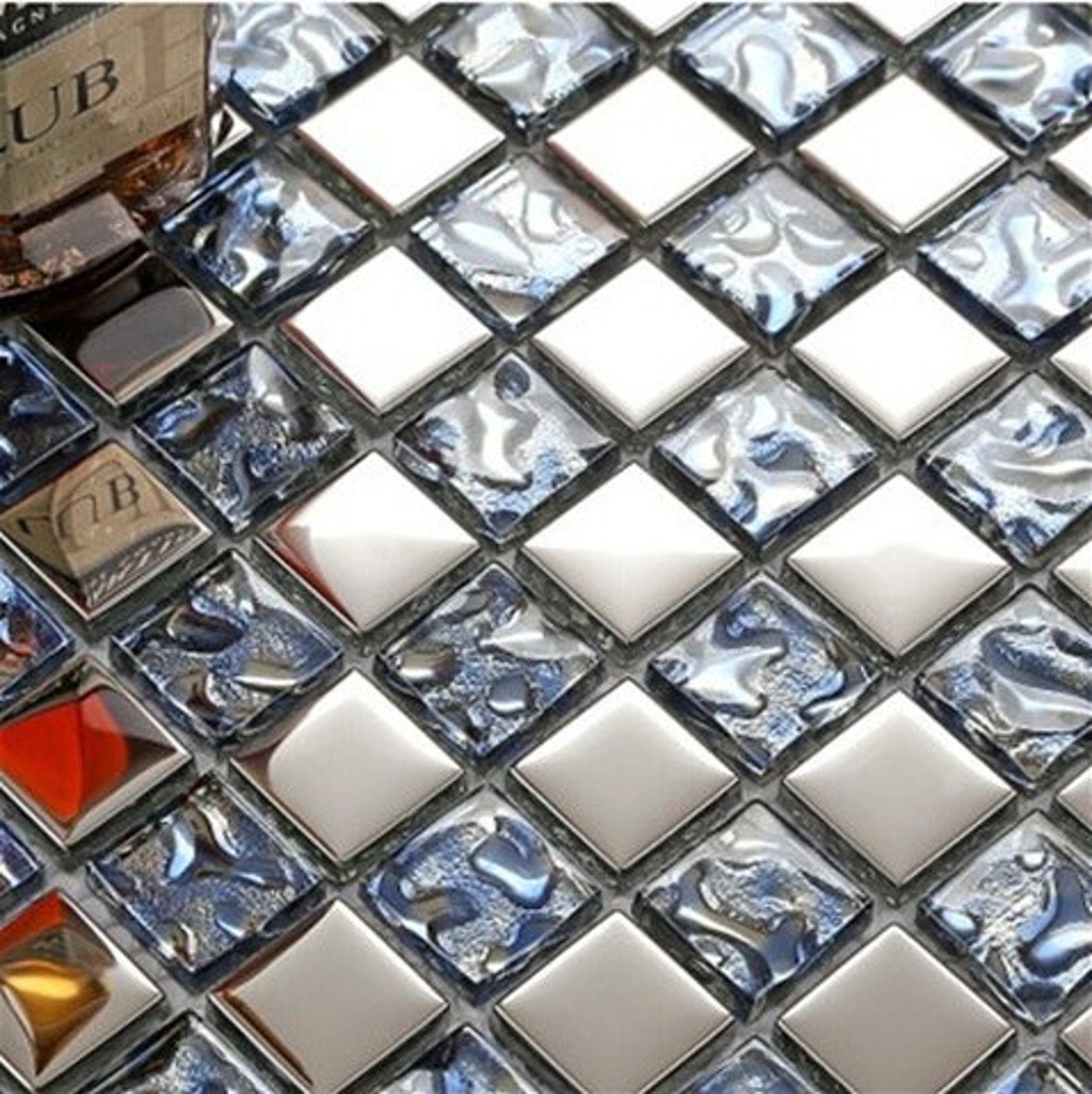 Electroplated Silver Blue Glass Mosaic Tiles CGMT1908 Bathroom Kitchen ...