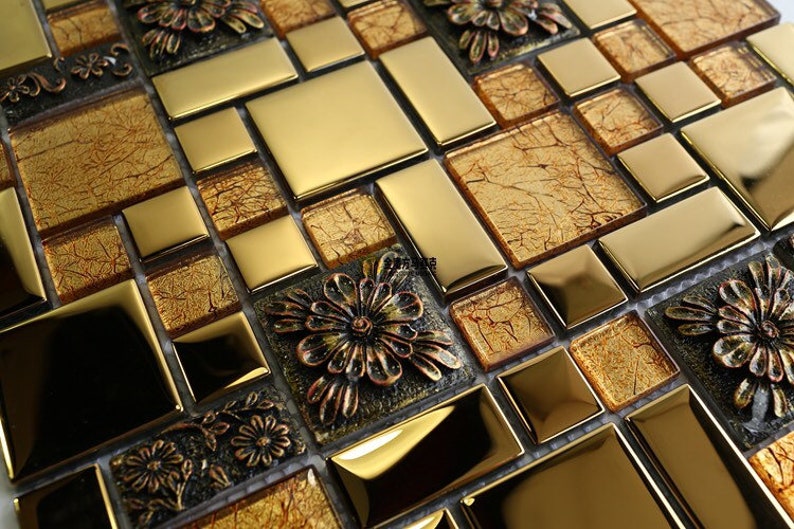 Yellow Gold Crystal Glass Mosaic Kitchen Backsplash Tile Jmfgt015