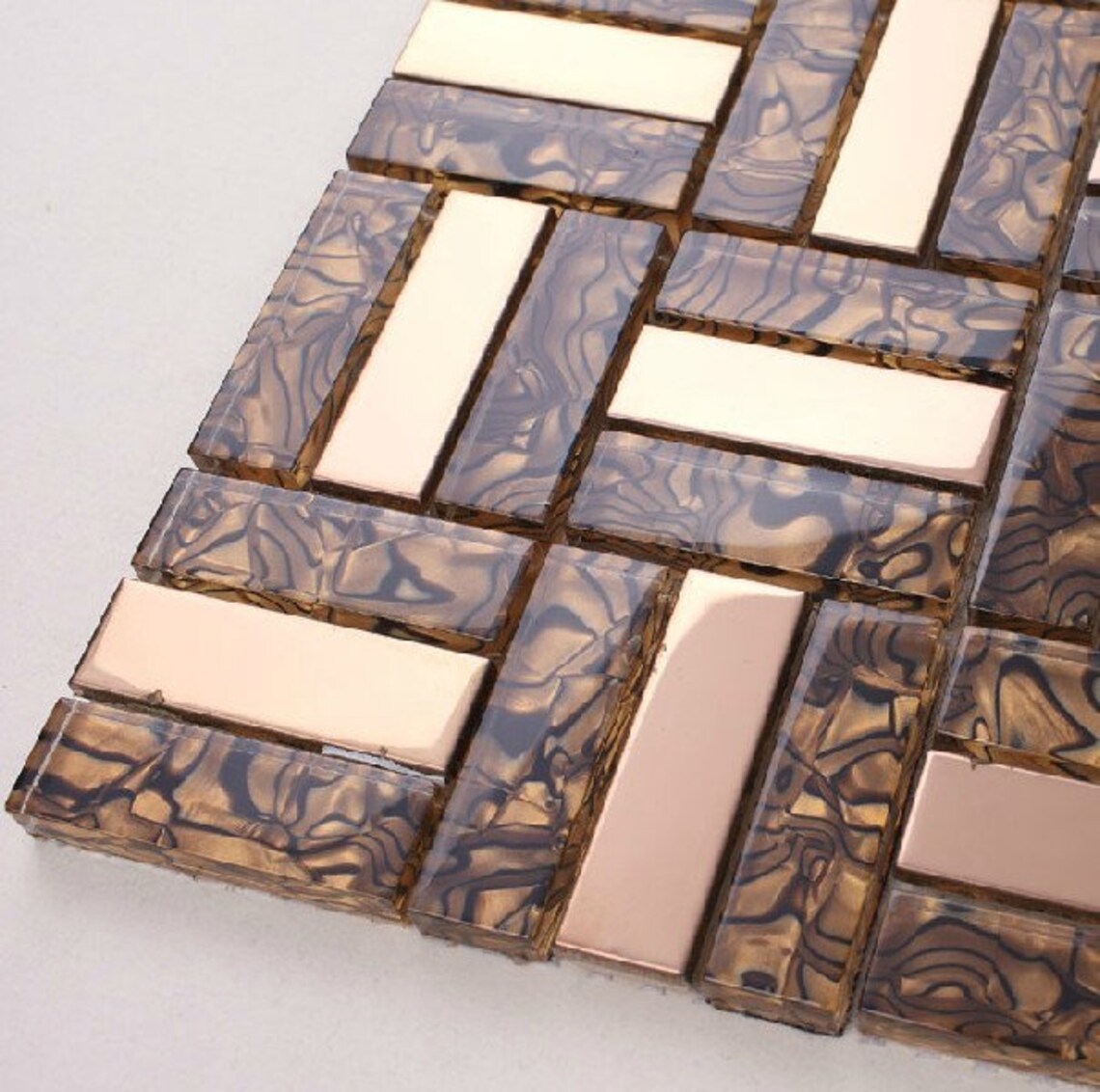 Glass Stainless Steel Mosaic Kitchen Backsplash Tile Gold Metal Glass ...