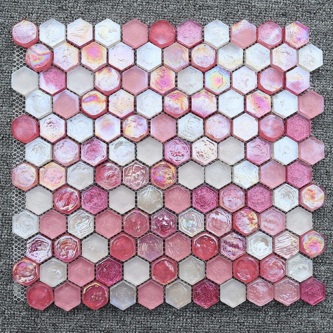 Hexagon Sugar Pink Red Rainbow Stained Glass Mosaic Tile Backsplash