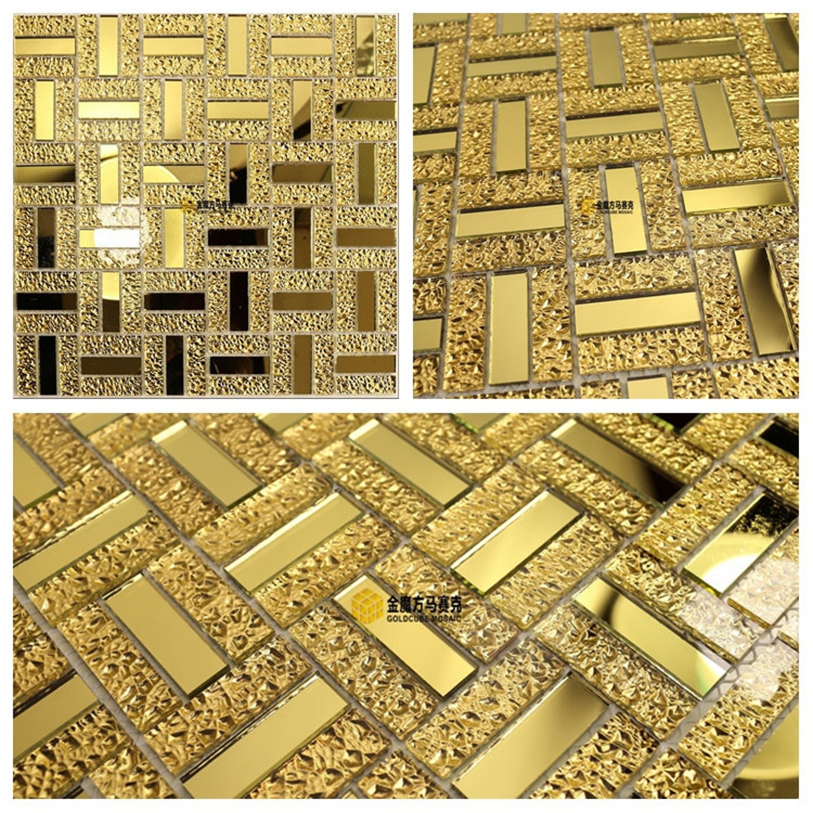 11 PCS Gold Mirror Glass Mosaic Kitchen Backsplash Tile JMFGT2028 ...