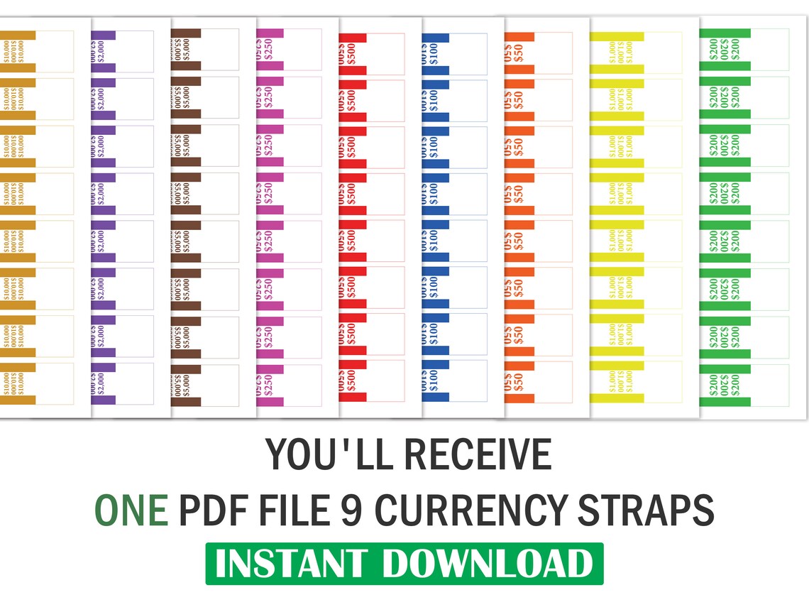 Printable Money Bands: 11 Colorful Currency Straps (digital Download ...