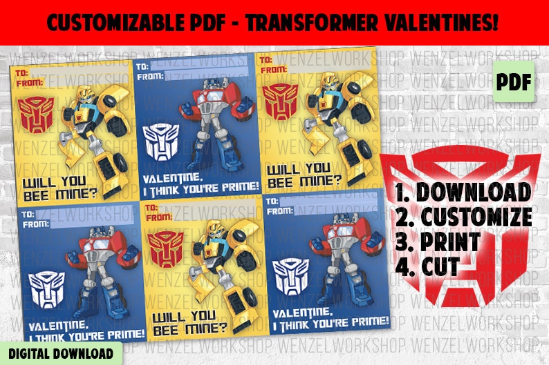 Customizable Transformer Valentines / Printable Valentine's Day Cards ...