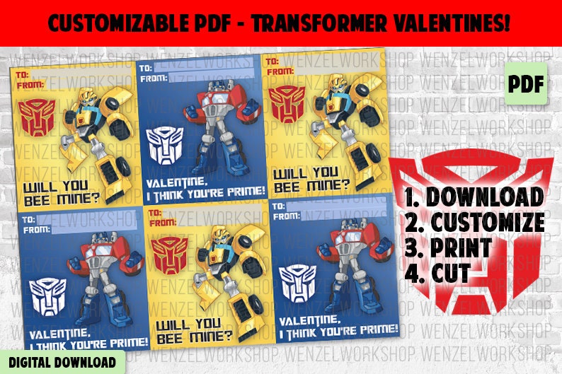 Customizable Transformer Valentines / Printable Valentine's Day Cards ...