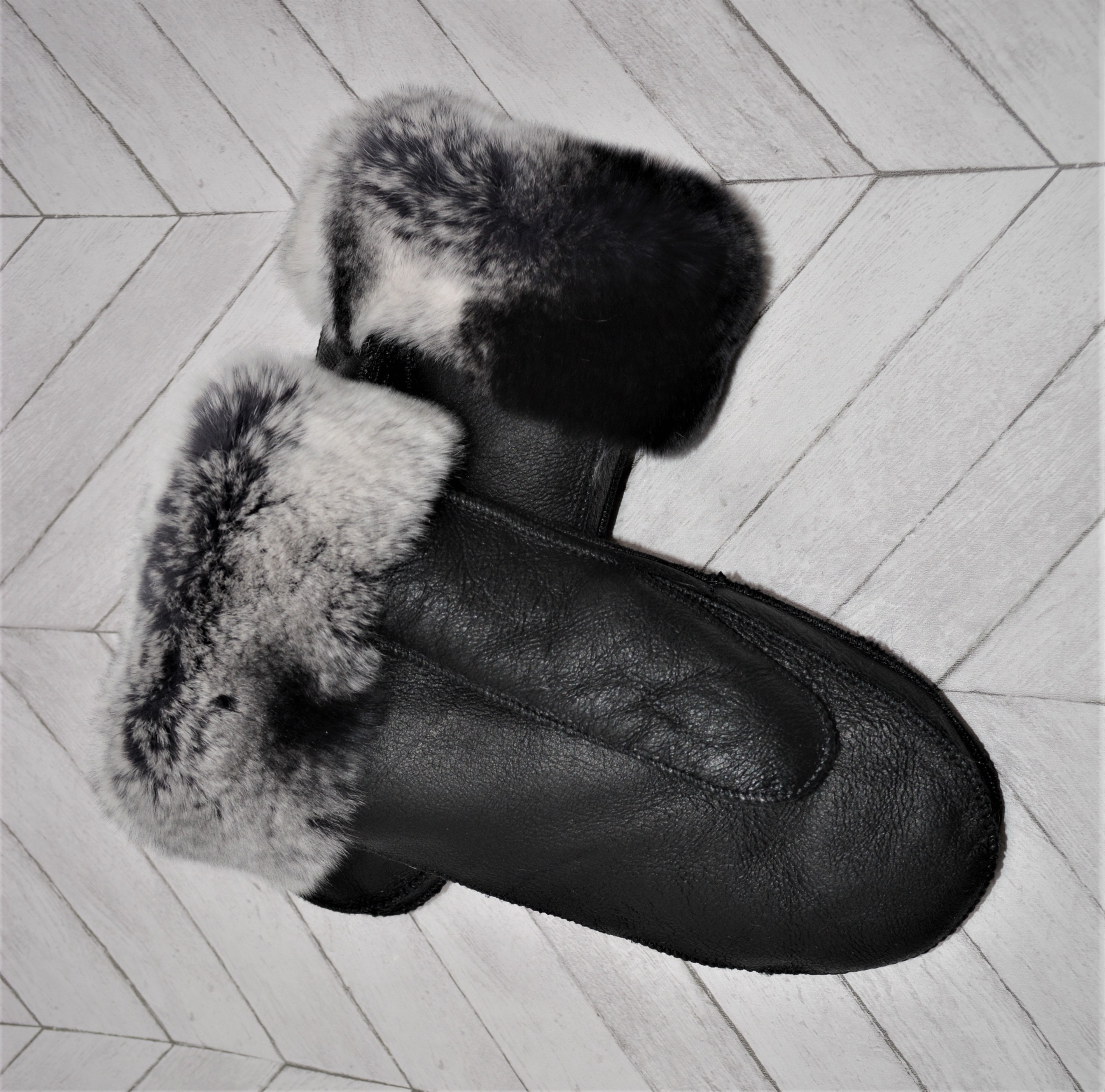 Ladiessheepskin Mittenwith a Rex Rabbit Cuff in Black/frost. - Etsy