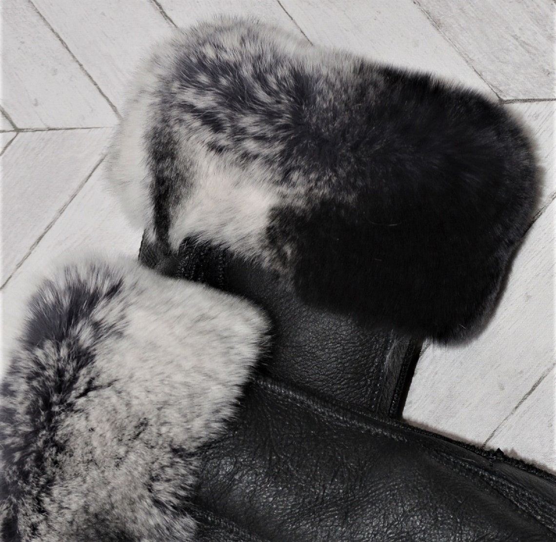 Ladiessheepskin Mittenwith a Rex Rabbit Cuff in Black/frost. - Etsy