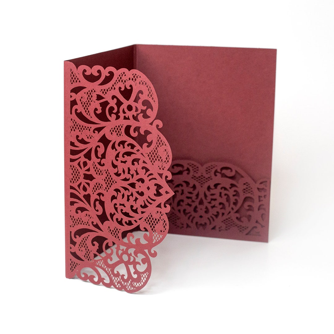 Burgundy Laser Cut Lace Covers With Envelope - Wedding, Birthday ...