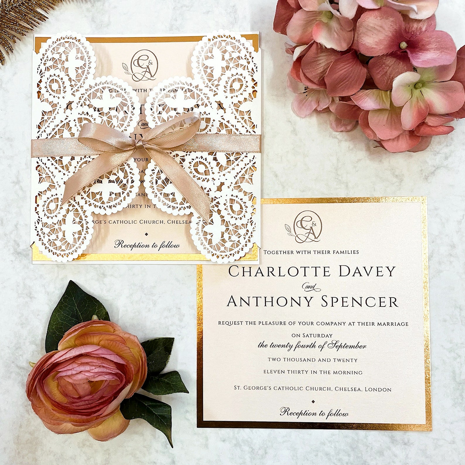 Elegant Laser Cut Lace Wedding Invitations– Peach Ribbon, Invitations ...