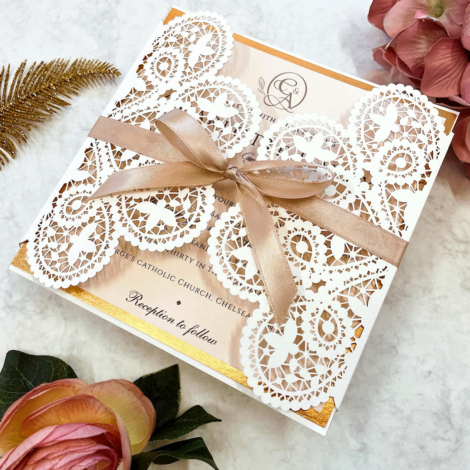 Elegant Laser Cut Lace Wedding Invitations– Peach Ribbon, Invitations ...