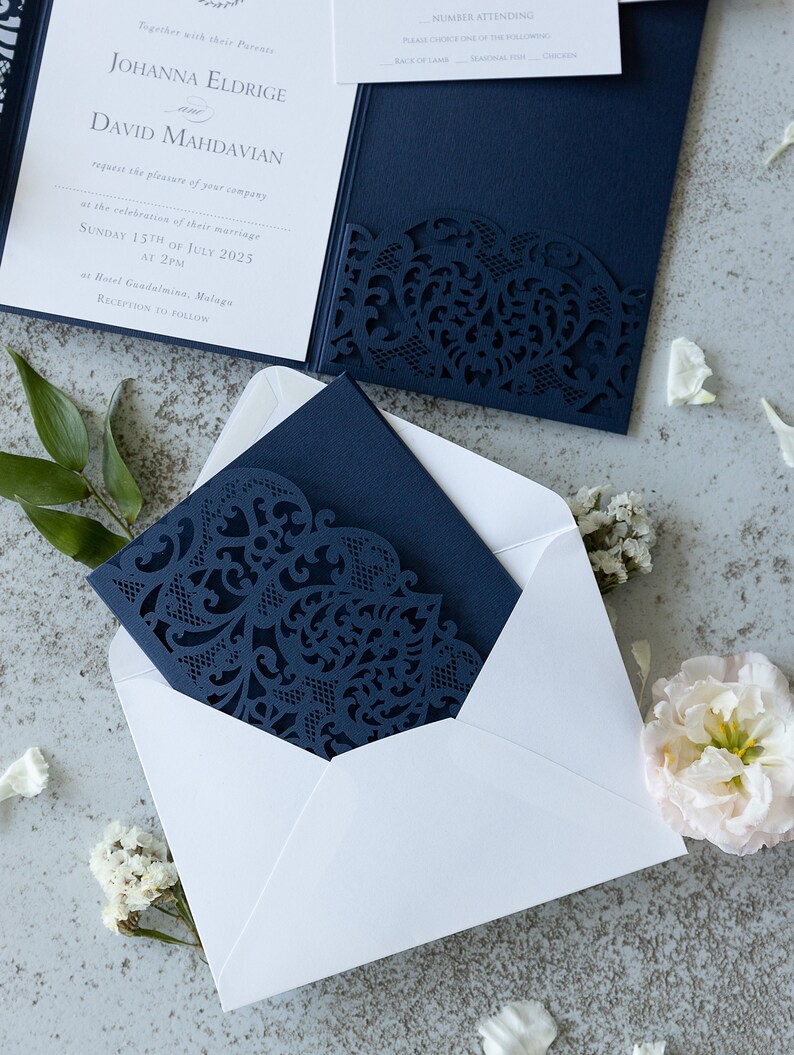 Navy Blue Wedding Invitation Set Modern Lace Wedding - Etsy