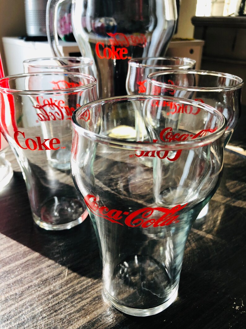 Coca Cola Vintage Glass Pitcher Set Red Letters Set of 7 - Etsy