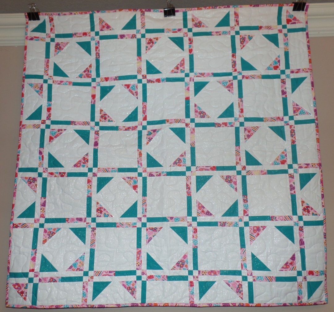 Handmade Heart Lap Quilt: Teal Accents, Sparkle Fabric (48x48) - Etsy