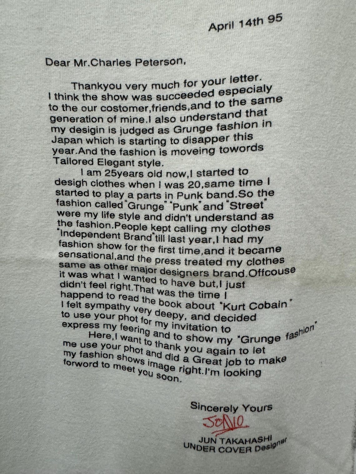 Vintage 90’s Undercover Jun Takahashi Note for Charles Peterson ...