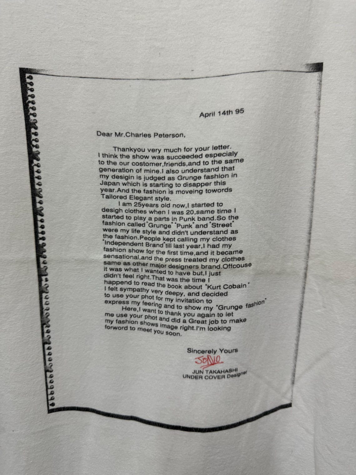 Vintage 90’s Undercover Jun Takahashi Note for Charles Peterson ...