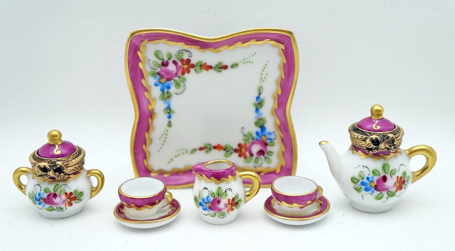 Miniature Pink Eight Piece Tea Set With Two Boxes Five Miniatures and ...