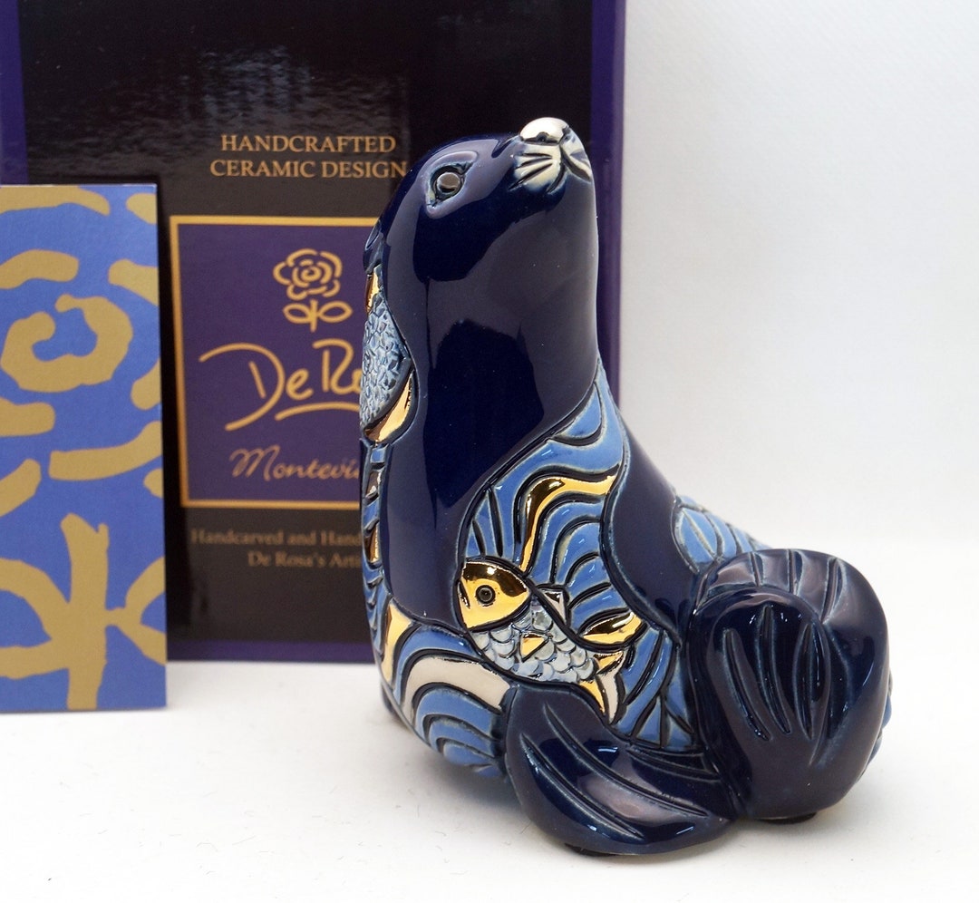 De Rosa Rinconada Figurine Amazing Blue Seal With Fish Gold Enamel ...