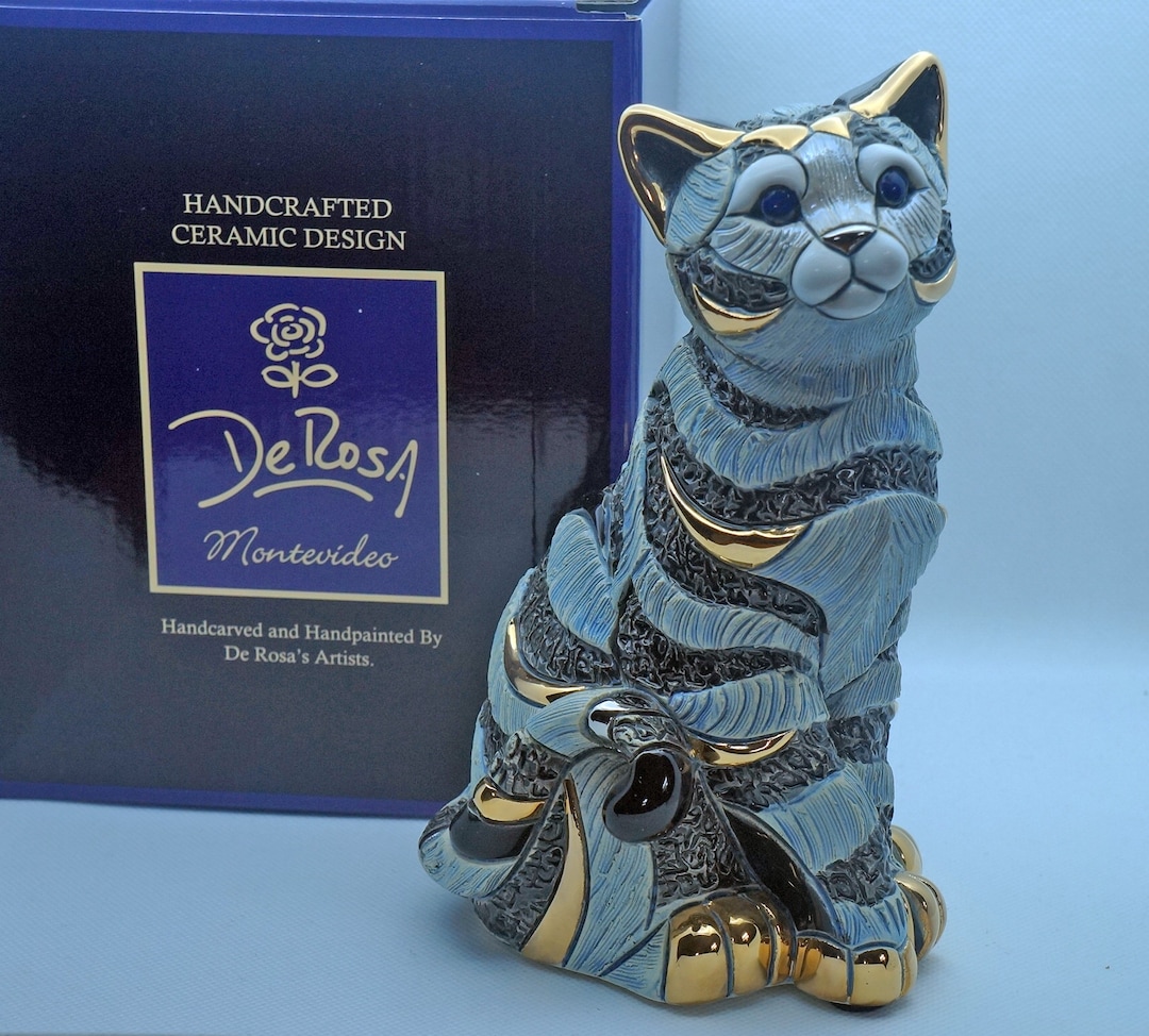 De Rosa Rinconada Figurine Large Striped Blue Kitty Cat Enamel Derosa ...