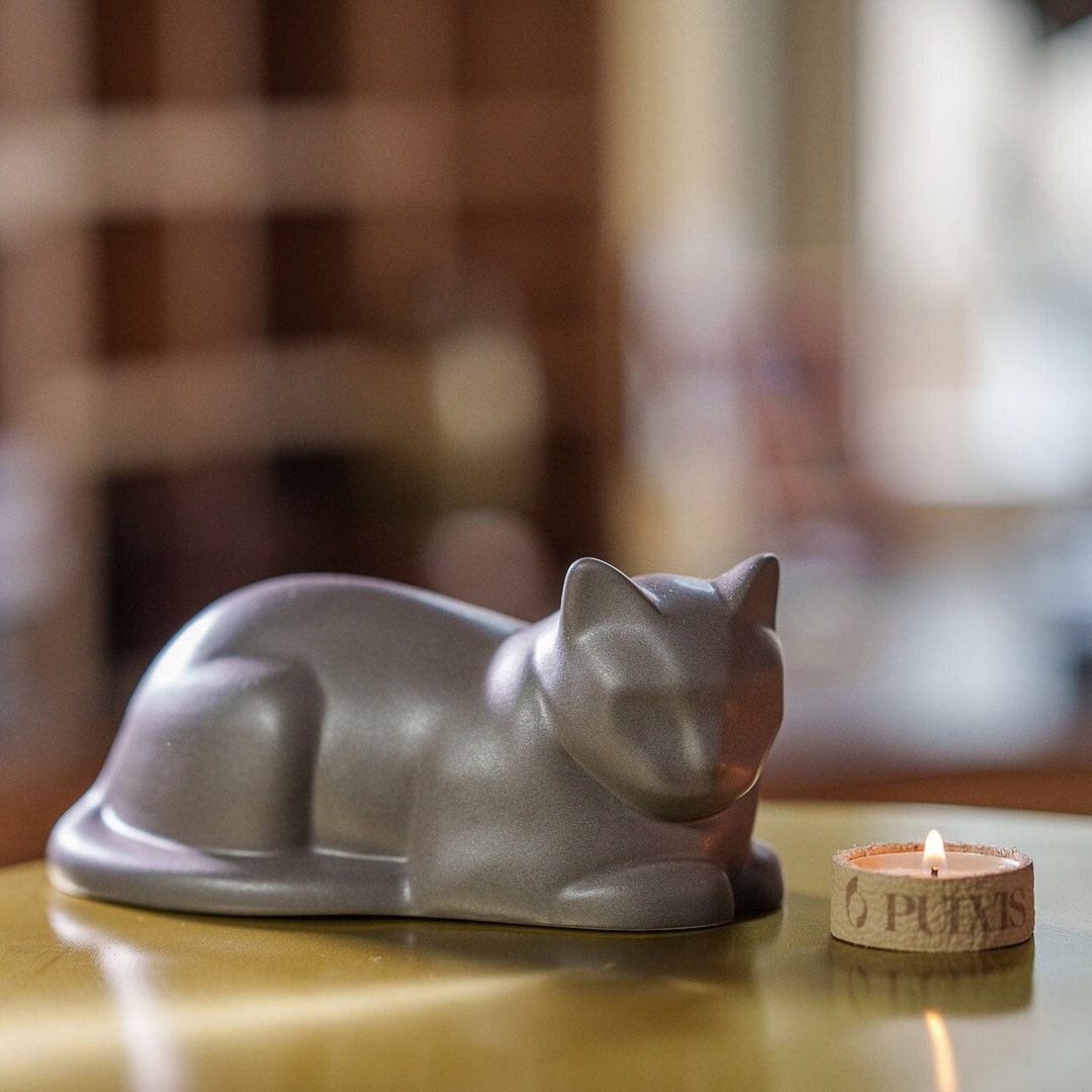 Mini Laying Cat Cremation Urn - Grey Matte | Ceramic | Handmade Pet Urn ...