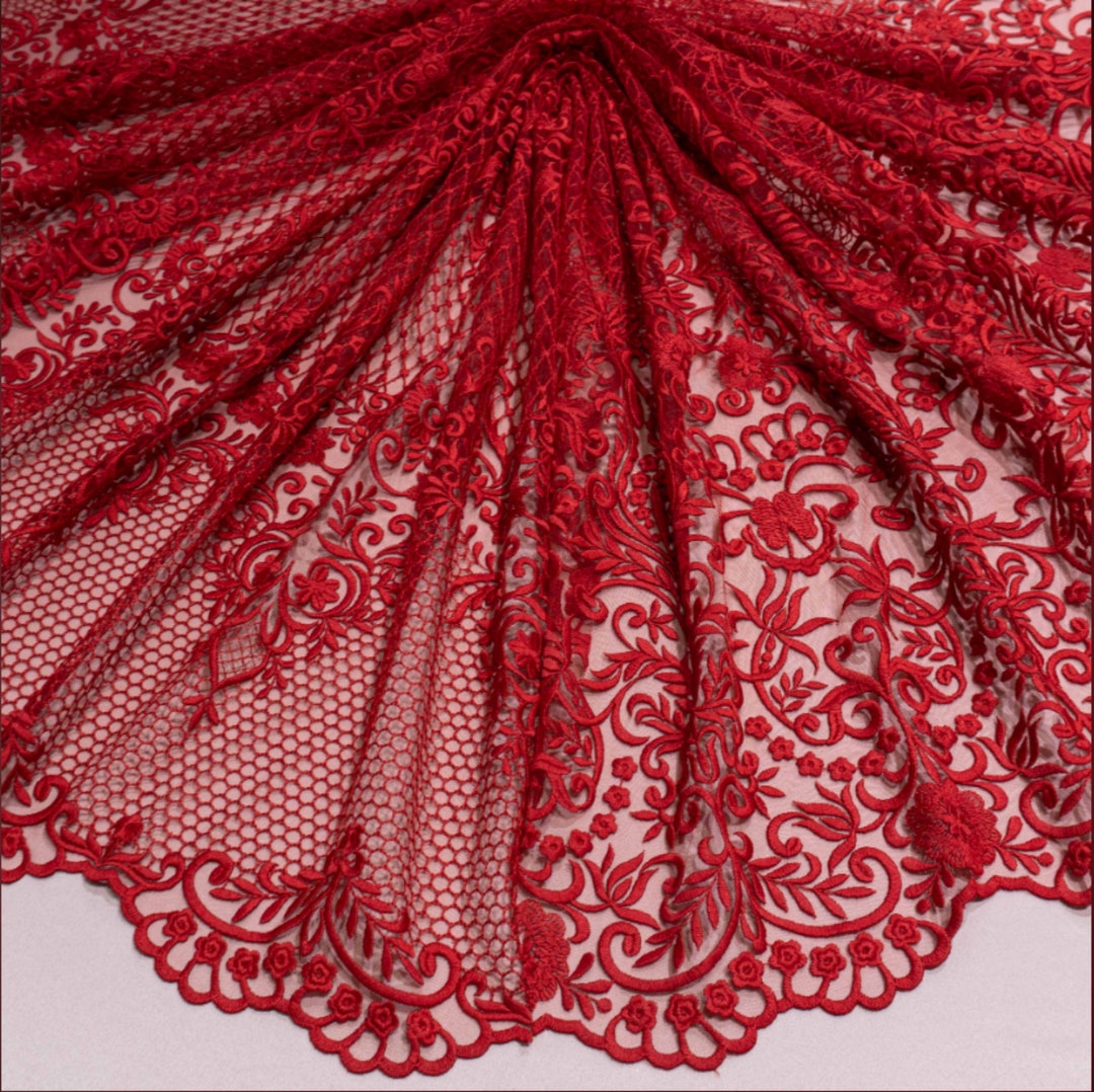 Crochet Floral Corded Lace French Red Embroidered Lace by the Yard - Etsy