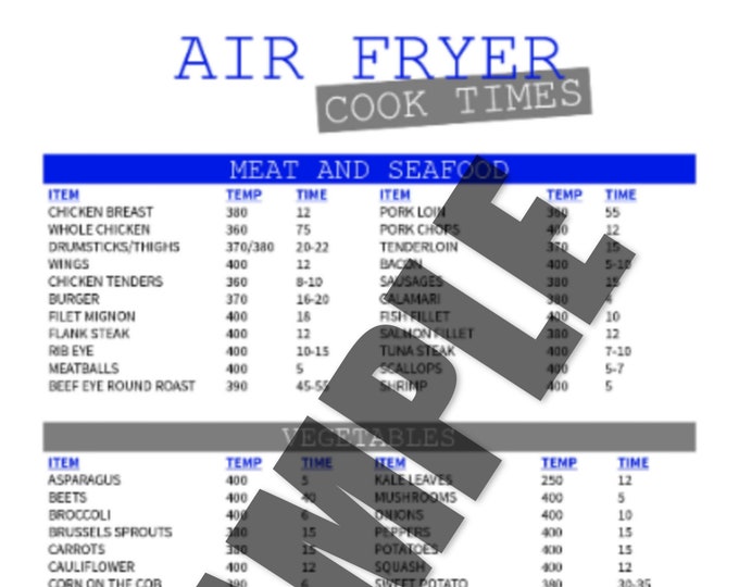 Air Fryer Cook Times Printable - Etsy
