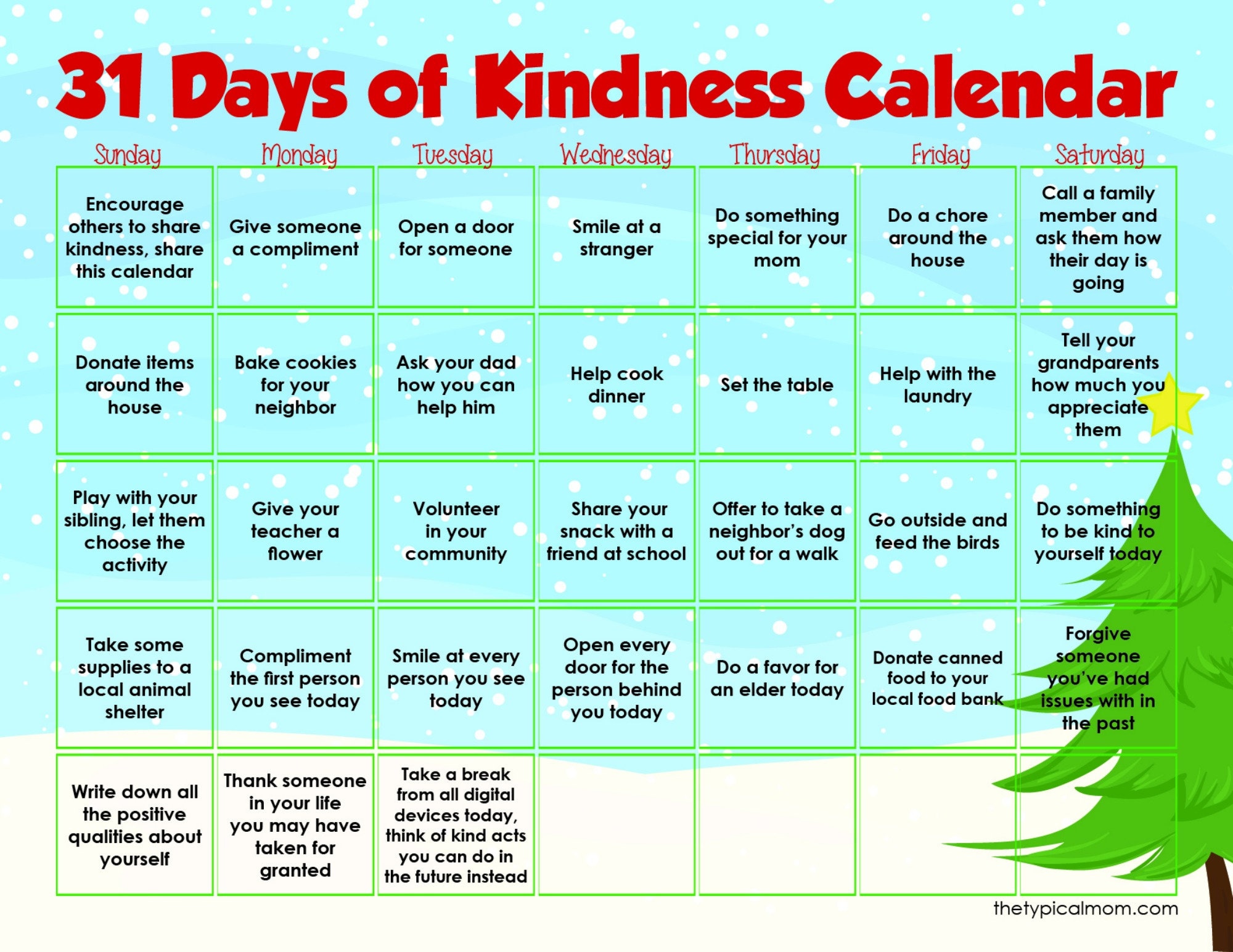 31 Days of Kindness Calendar - Christmas - Etsy