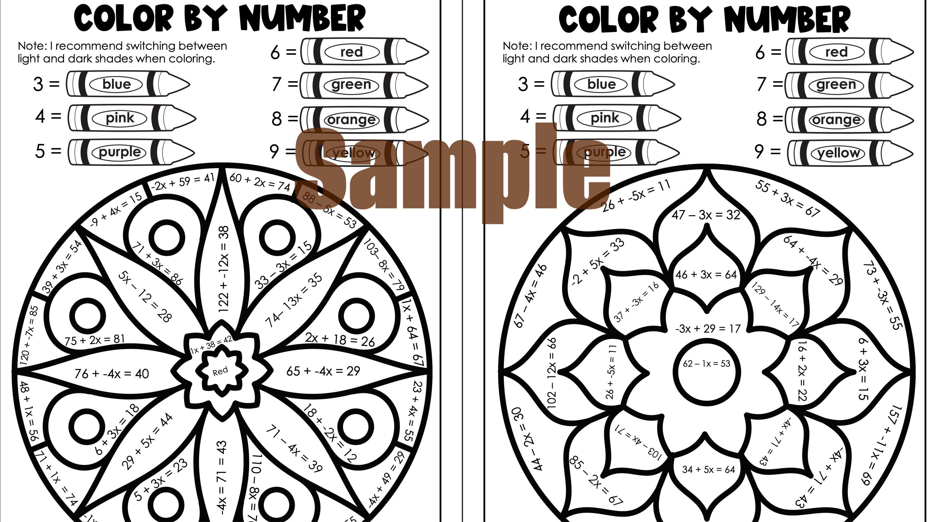 2 Algebra Color by Number Printables – Math Worksheets (PDF) - Etsy