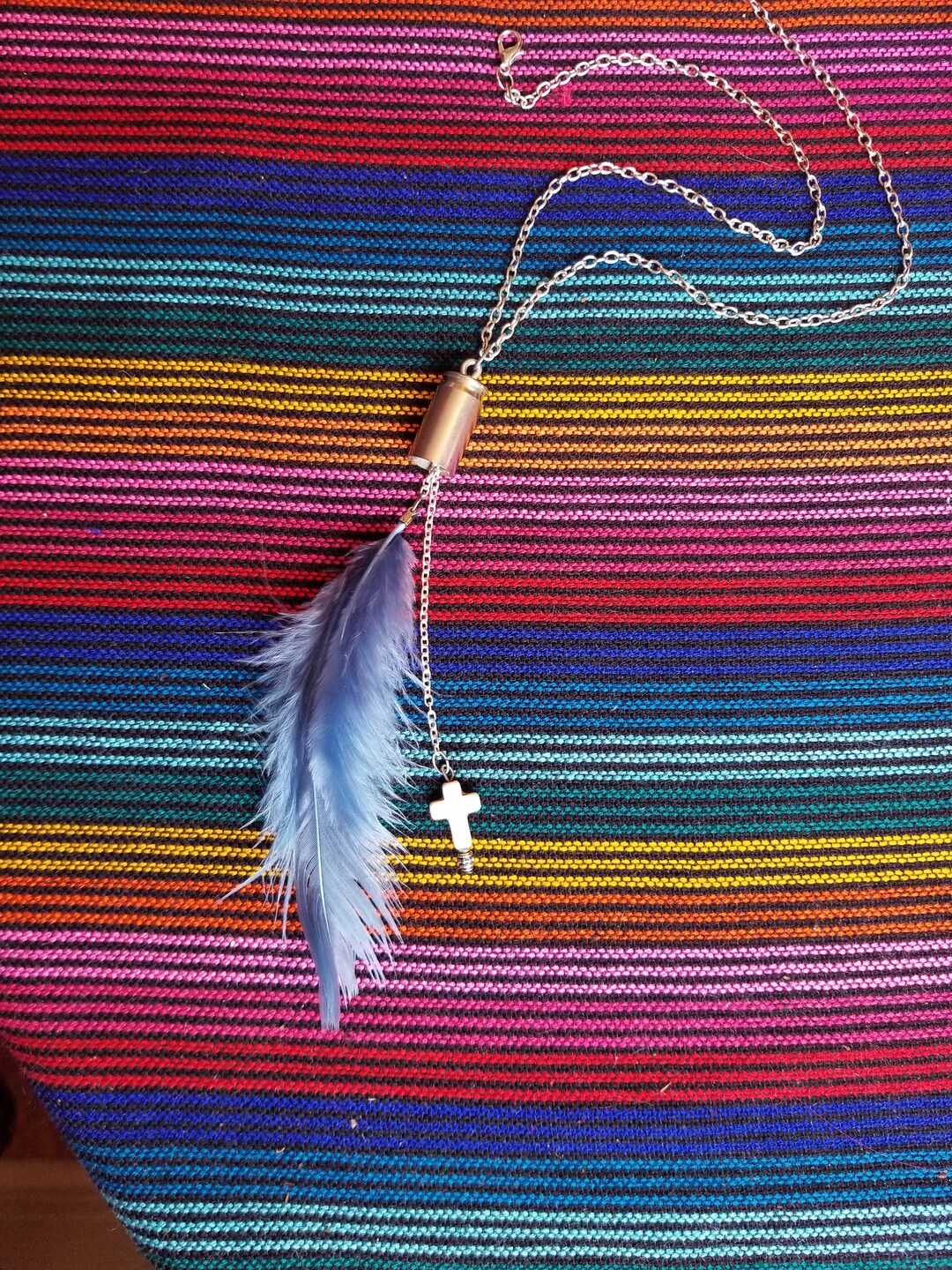 Feather Cross Pendant - Bullet Pendant - Feather Stone and Bullet ...