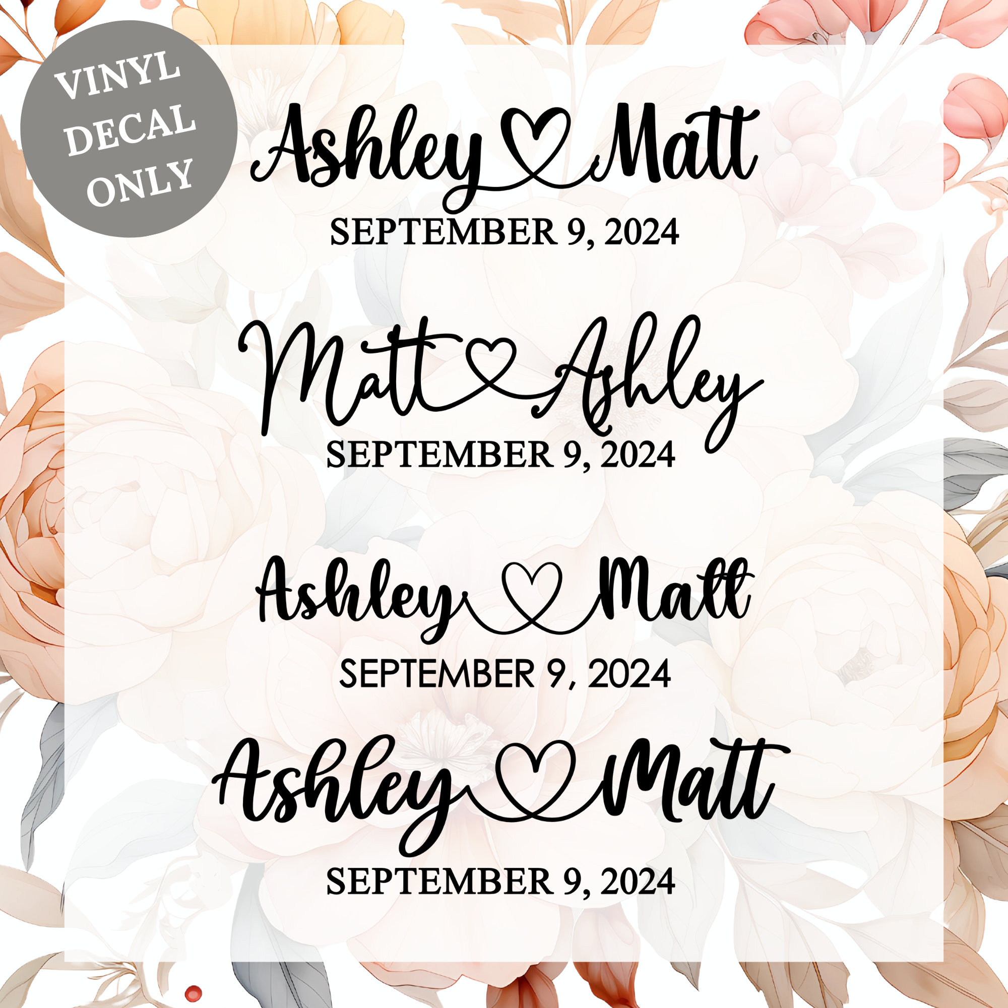 Personalized Heart Names Wedding Decal, Custom Couple Name Date Vinyl ...