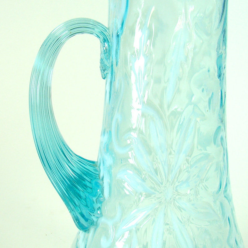 Blue Opalescent Glass Water Pitcher With Poinsettias - Northwood - Etsy