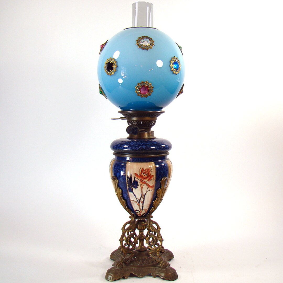 Bronze Porcelain Crown Derby Banquet Lamp With Jeweled Shade - 1880's ...