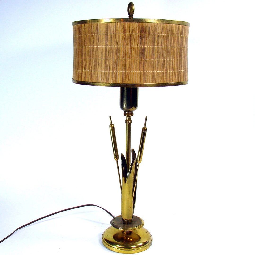 Mid Century Brass and Wood Cattail Lamp - Etsy