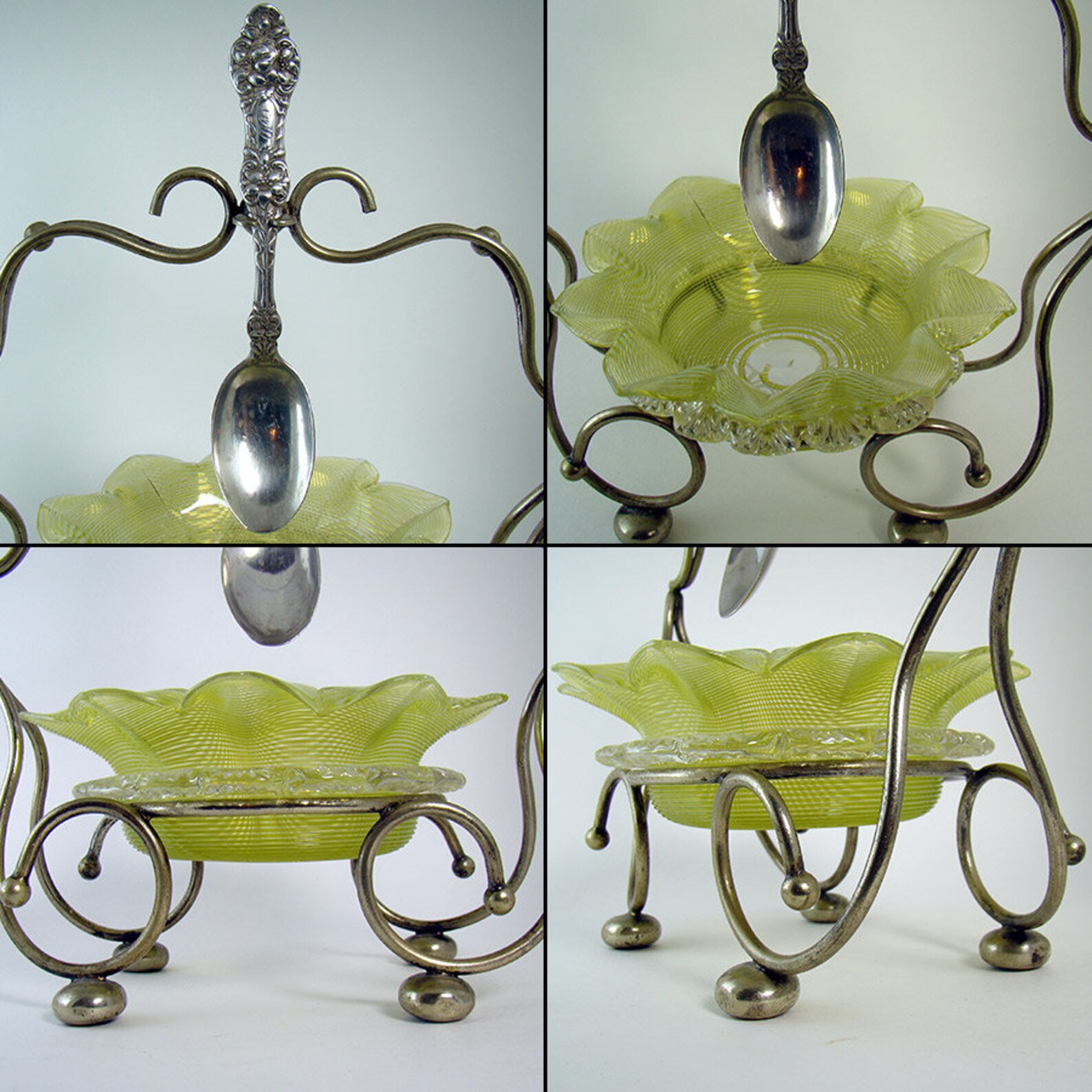 Silver Plated Art Glass Condiment Holder With Spoon - Etsy