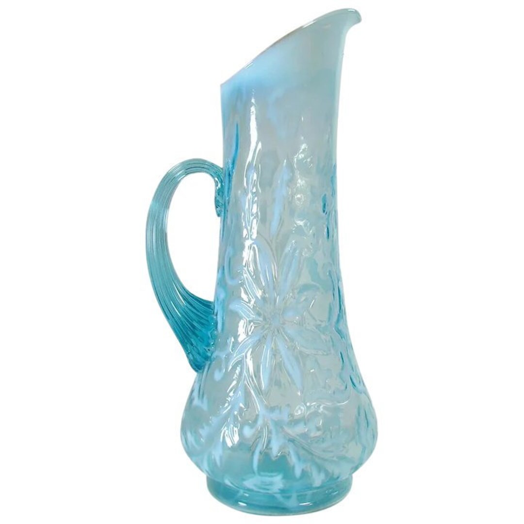 Blue Opalescent Glass Water Pitcher With Poinsettias - Northwood - Etsy
