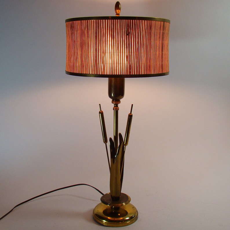 Mid Century Brass and Wood Cattail Lamp - Etsy