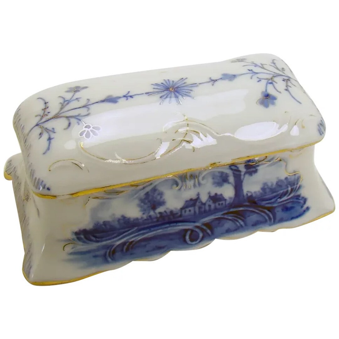 Blue on White Porcelain Covered Stamp Holder With Gold Tracery - Etsy