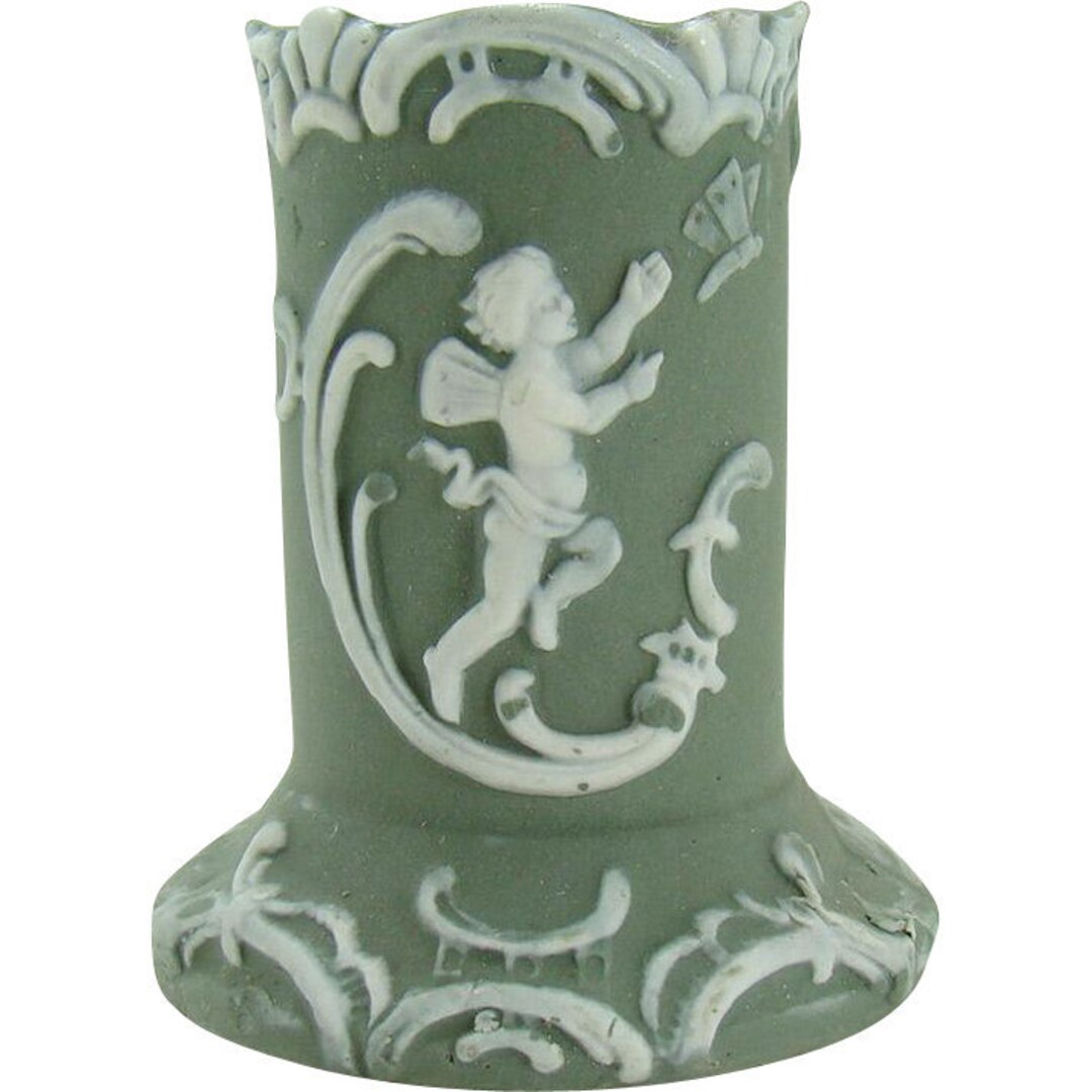 Green Jasperware Toothpick Holder With Angel Chasing Butterfly - 1920's ...
