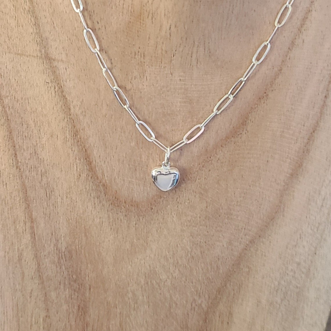 Sterling Silver Heart Necklace With Paper Clip Style Chain - Etsy