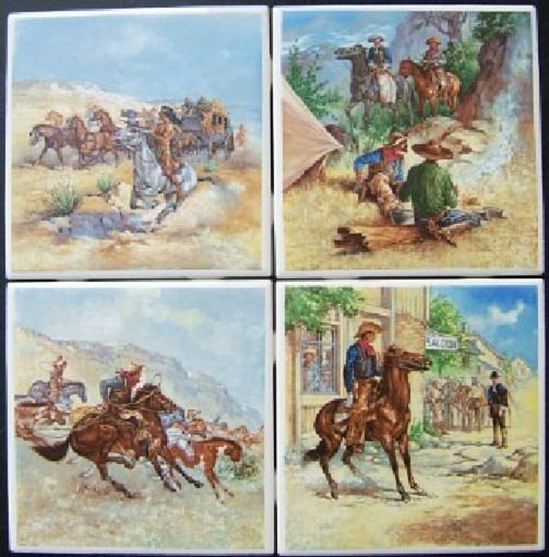 Remington Scenes Cowboy Indians Stagecoach Campfire 4 Ceramic Tile ...