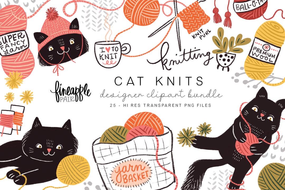 Knitting Clipart, Knitting Pngs, Cats and Yarn Clipart, Cute Knitting ...