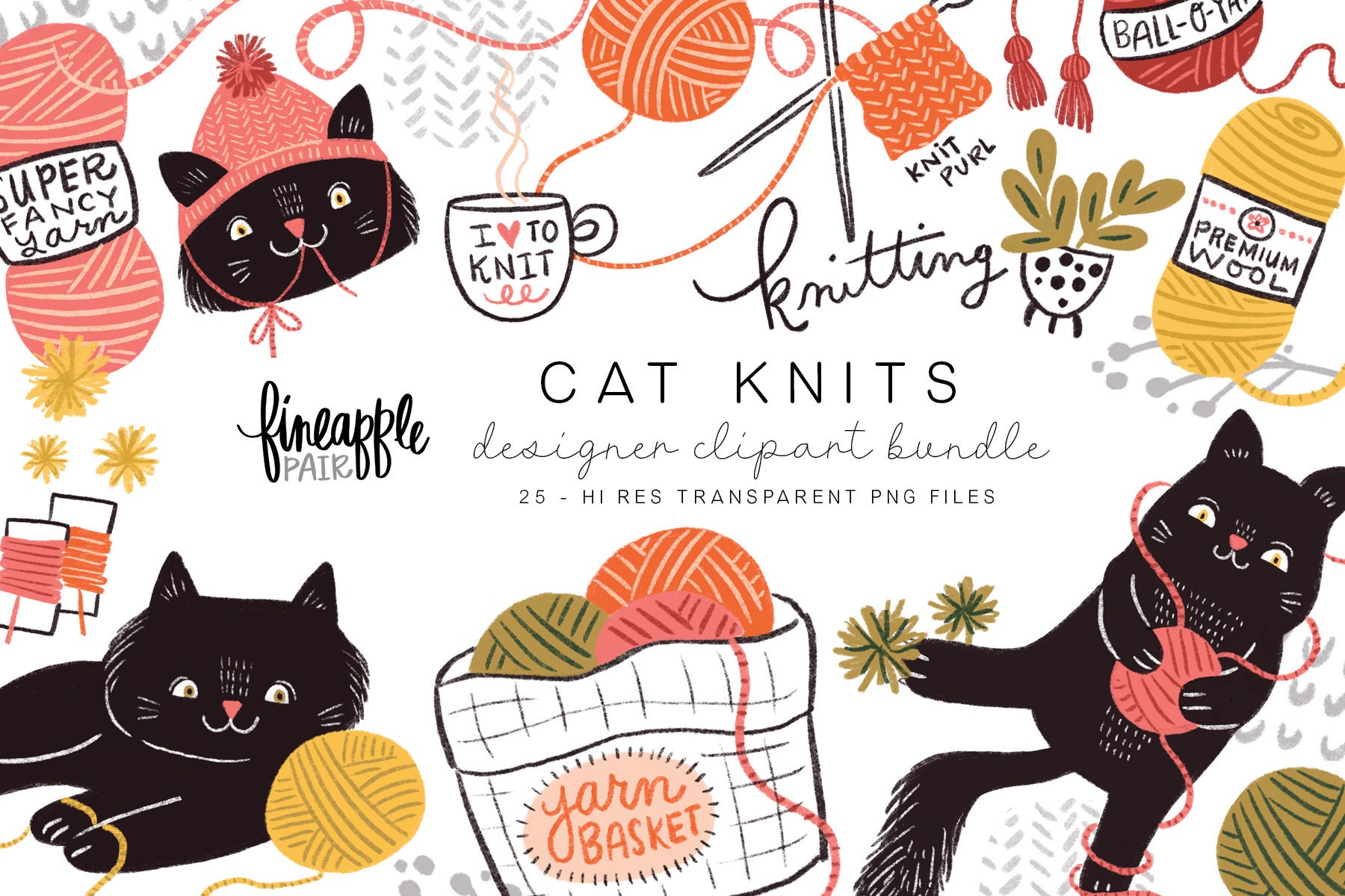 Knitting Clipart Knitting Pngs Cats and Yarn Clipart Cute - Etsy