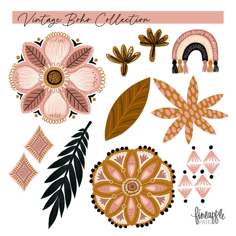Vintage Boho Floral Clipart: Hand-drawn Flower PNG (digital Download ...