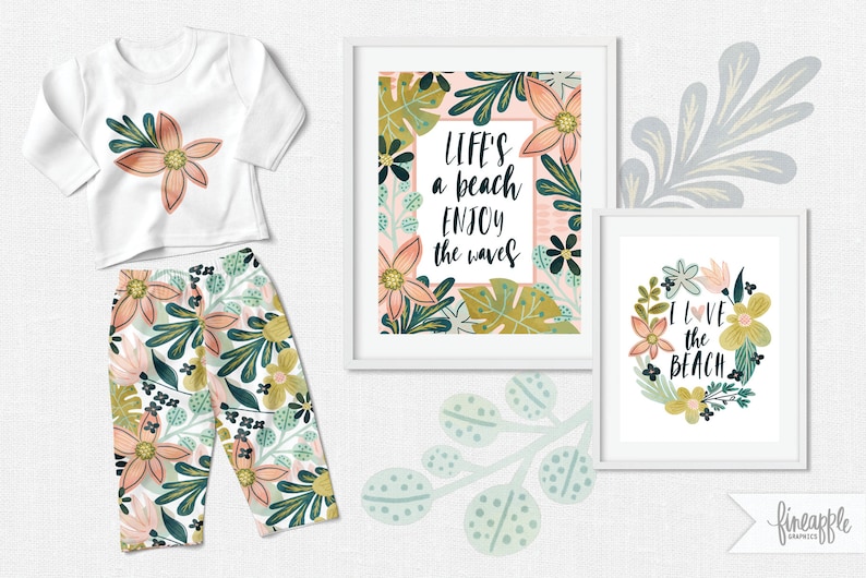 Boho Tropical Clipart: Floral Graphics, Seamless Patterns (digital ...