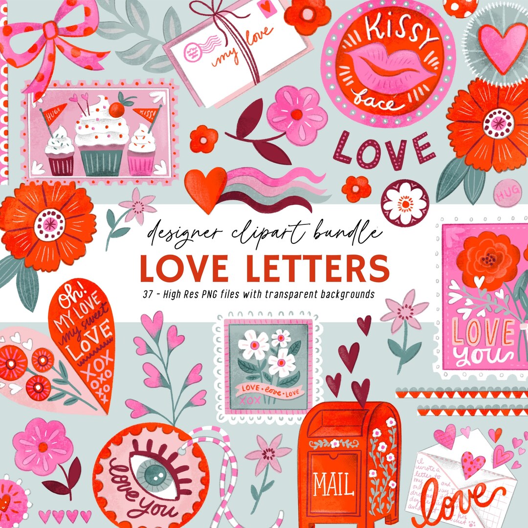 Love Letters Clipart Bundle | Floral Hearts, Valentine PNG (digital ...